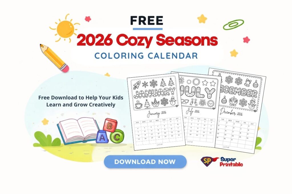 2026 Cozy Seasons Coloring Calendar (Free PDF Printables)