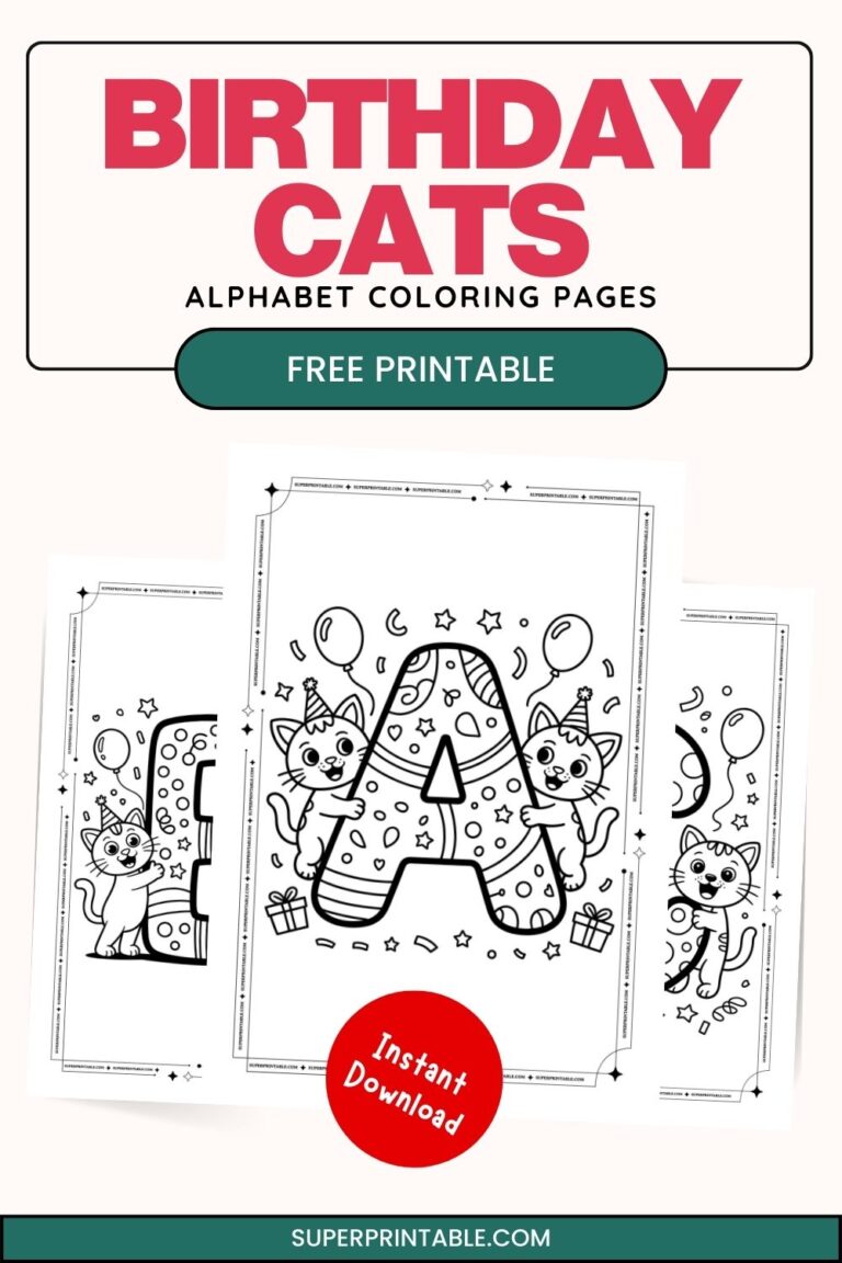 Birthday Cats Alphabet Coloring Pages (Free PDF Printables)