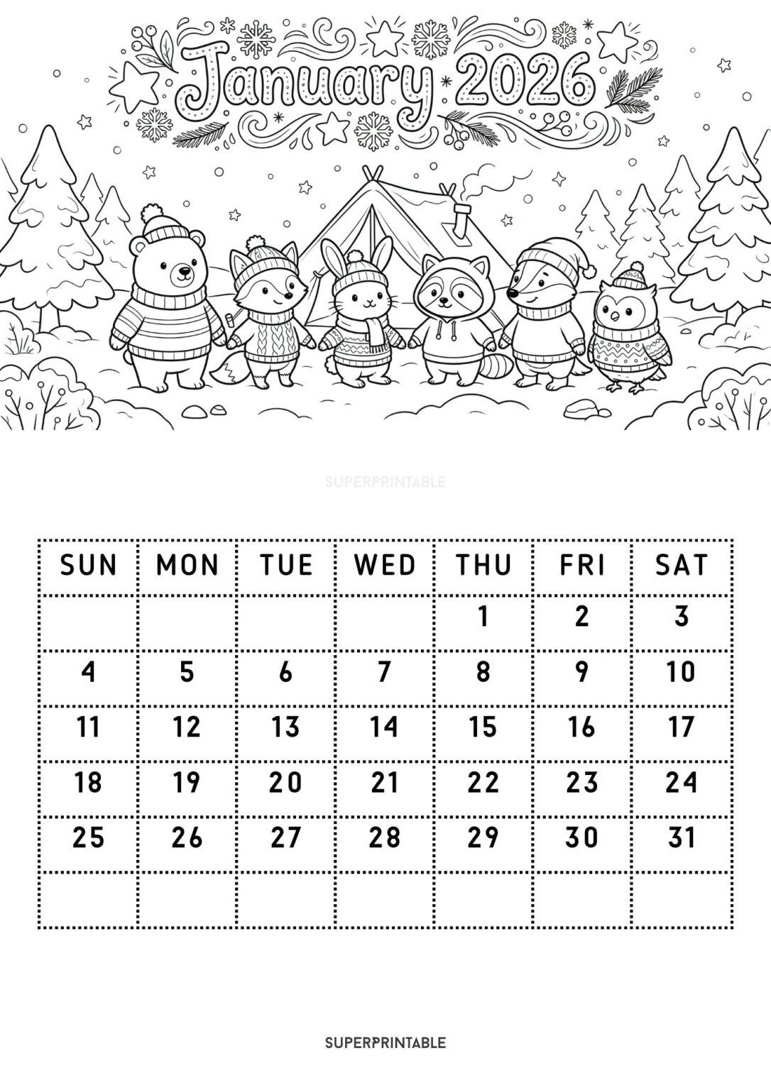 Cozy 2026 Coloring Calendar Printable for Kids (Free PDF)
