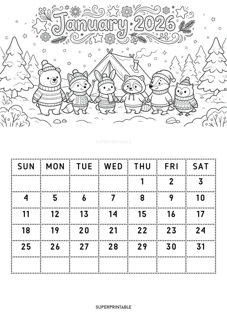 Cozy 2026 Coloring Calendar Printable for Kids (Free PDF)