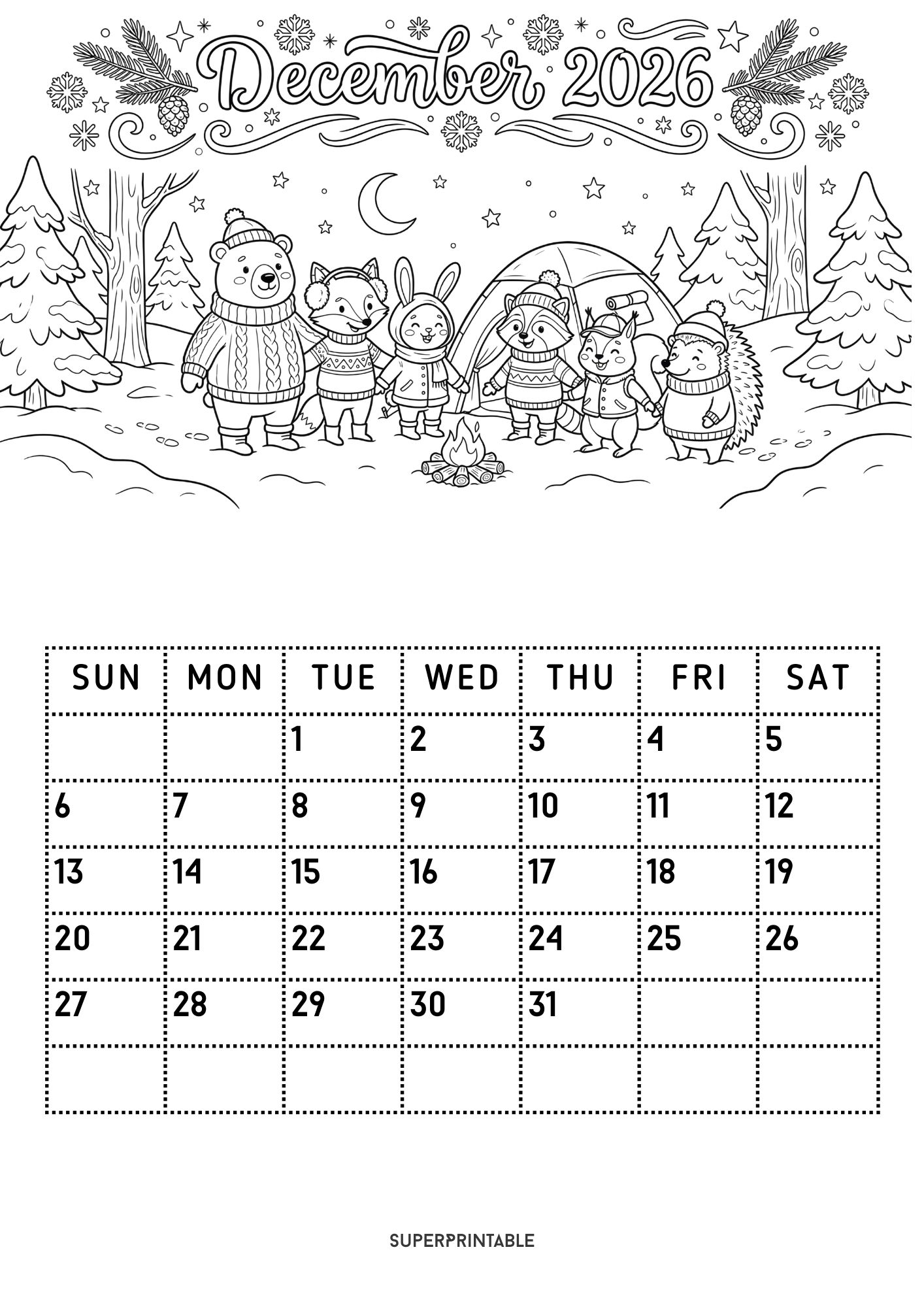 Cozy 2026 Coloring Calendar Printable for Kids (Free PDF)