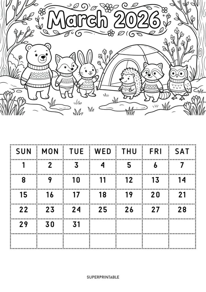 Cozy 2026 Coloring Calendar Printable for Kids (Free PDF)