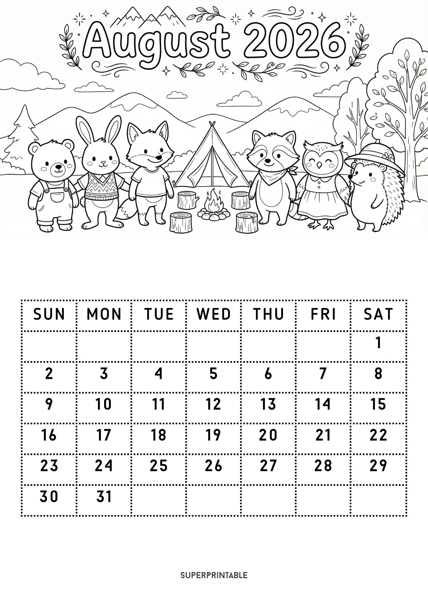 Cozy 2026 Coloring Calendar Printable for Kids (Free PDF)
