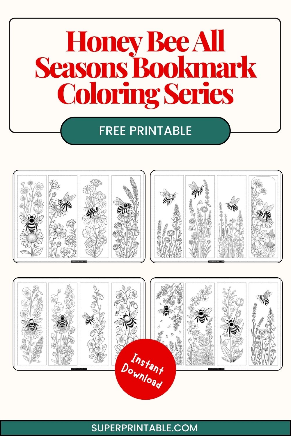 Honey Bee All Seasons Bookmark Coloring Series (Free PDF)
