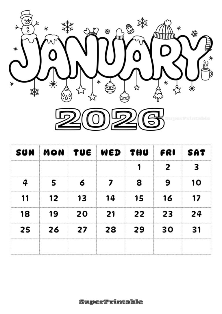Simple Cute Monthly Coloring Calendar for Kids (Free PDF)