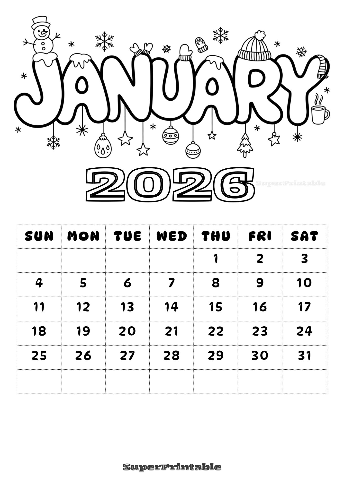 Simple Cute Monthly Coloring Calendar for Kids (Free PDF)