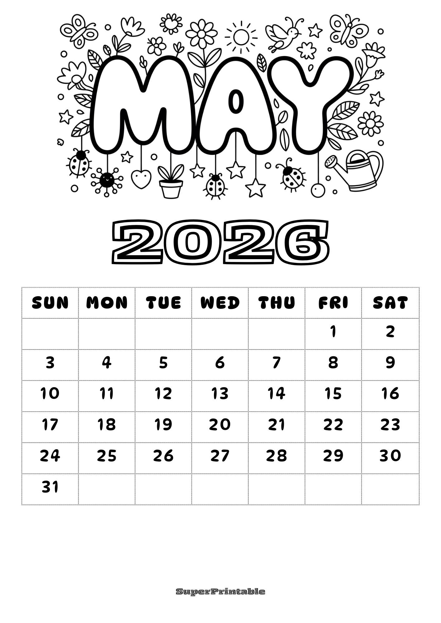 Simple Cute Monthly Coloring Calendar for Kids (Free PDF)