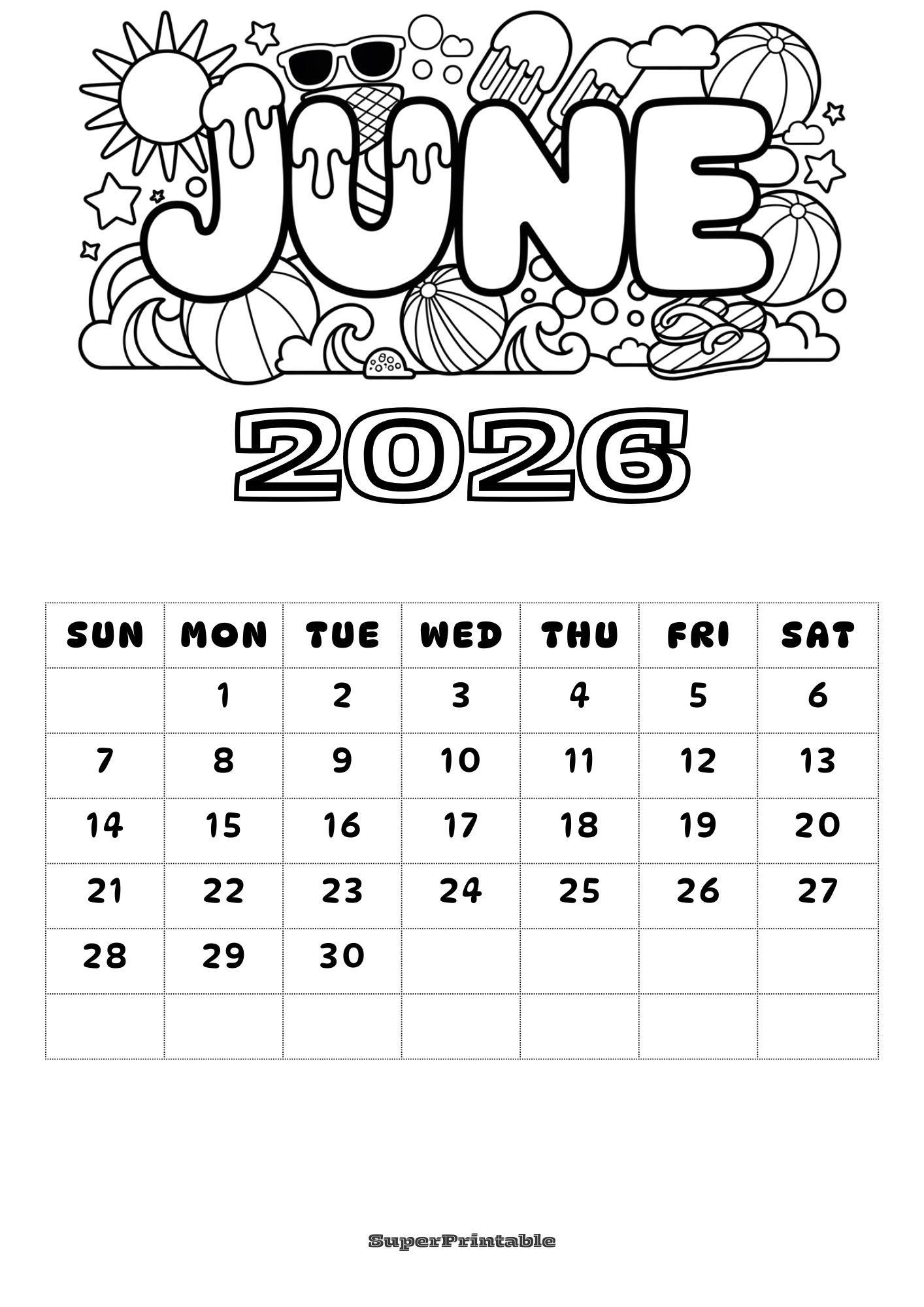 Simple Cute Monthly Coloring Calendar for Kids (Free PDF)