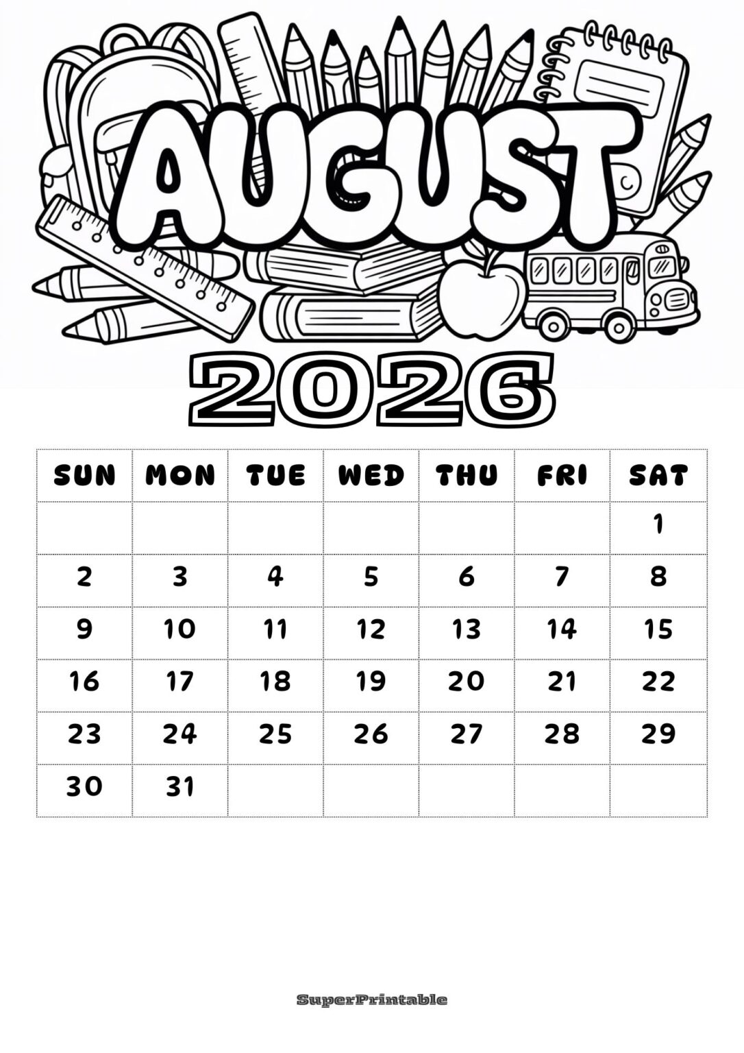 Simple Cute Monthly Coloring Calendar for Kids (Free PDF)