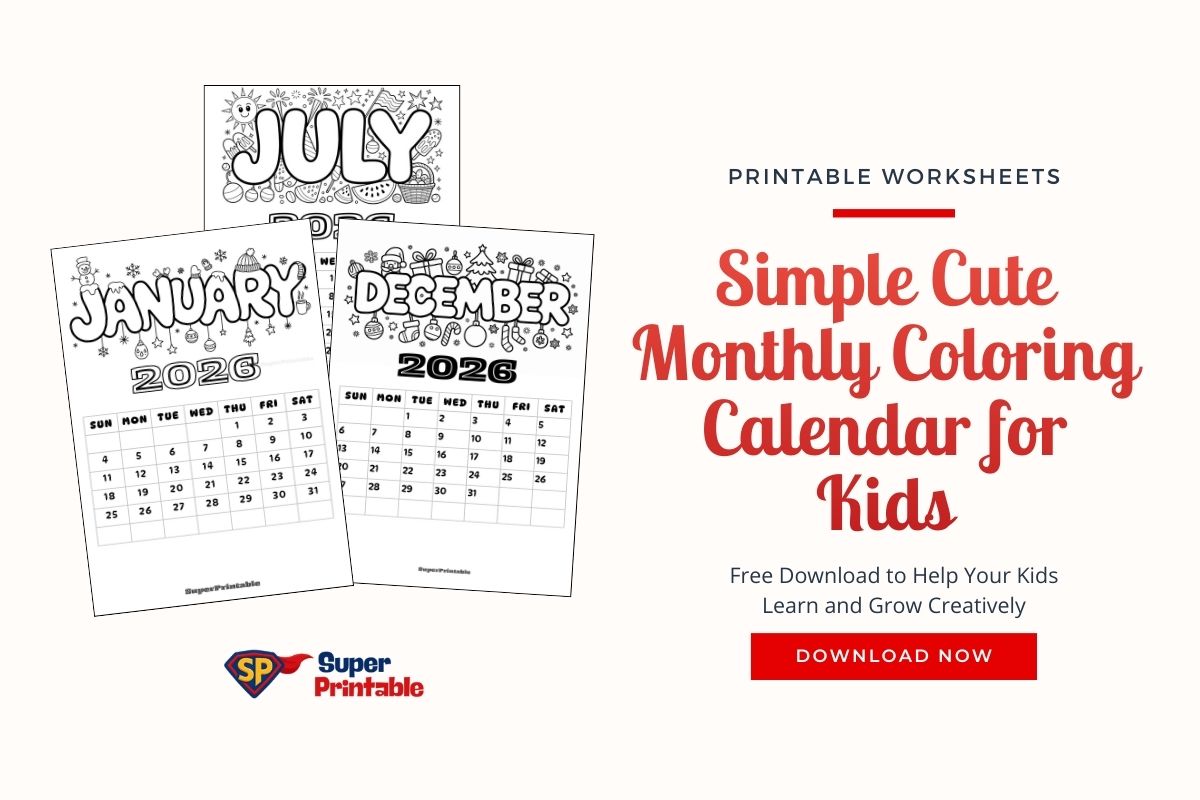 Simple Cute Monthly Coloring Calendar for Kids (Free PDF)
