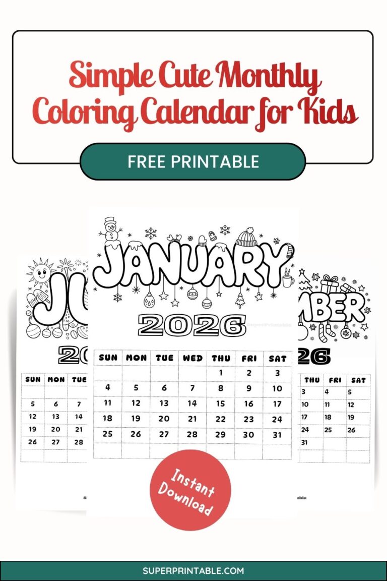 Simple Cute Monthly Coloring Calendar for Kids (Free PDF)