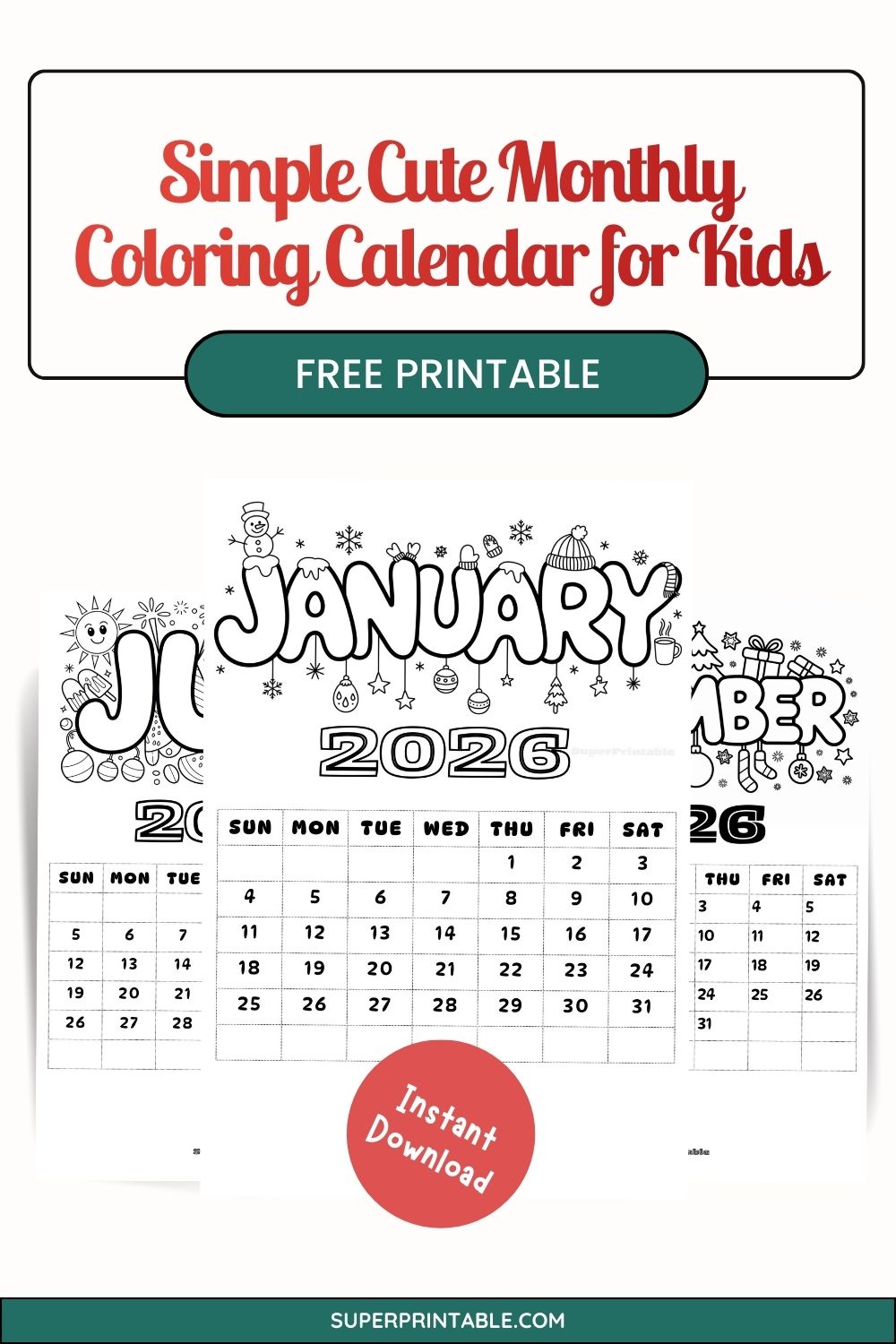 Simple Cute Monthly Coloring Calendar for Kids (Free PDF)