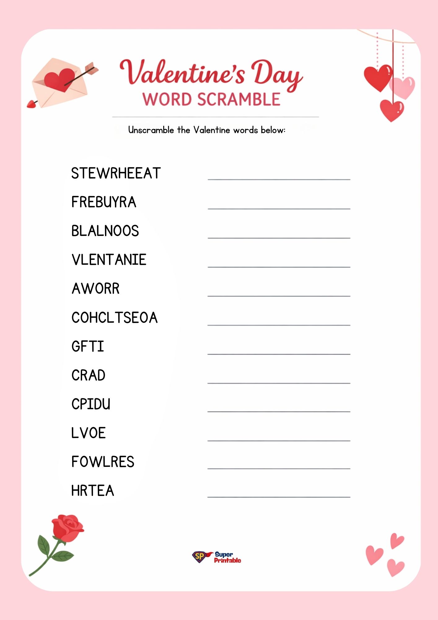 10 Valentine's Day Word Scramble (Free PDF Printables)
