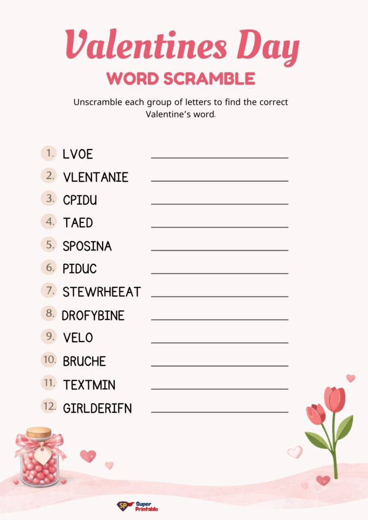 10 Valentine's Day Word Scramble (Free PDF Printables)