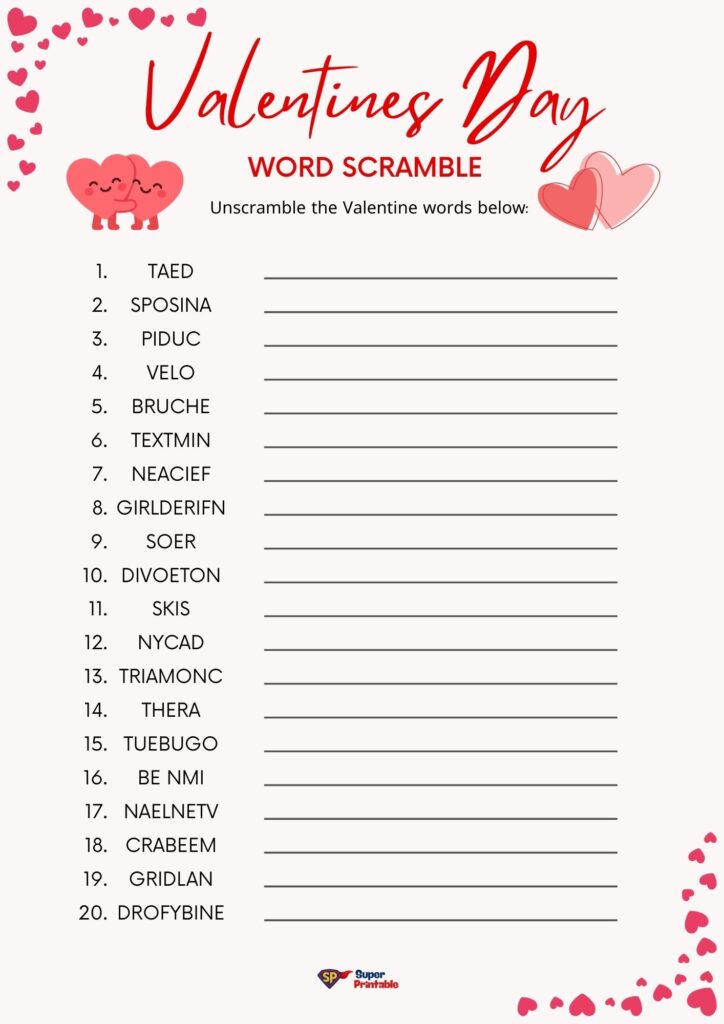 10 Valentine's Day Word Scramble (Free PDF Printables)