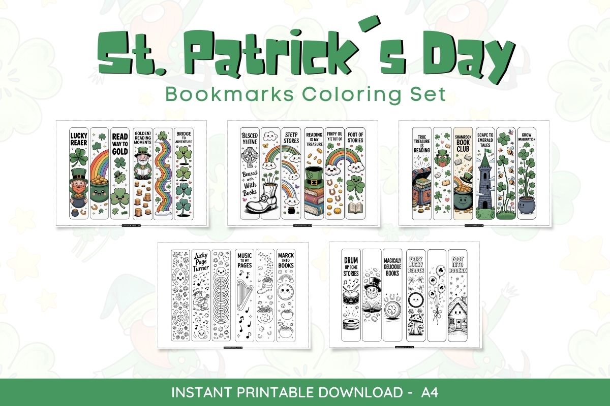 30 St. Patrick's Day Bookmarks Coloring Set (Free PDF Printables)