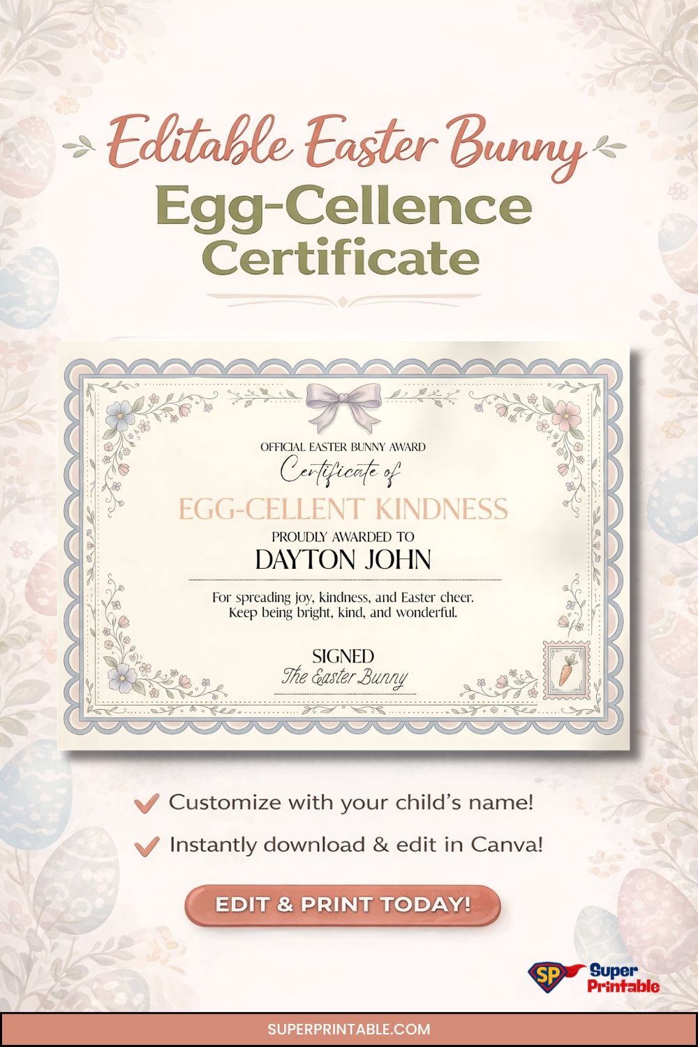 Editable Easter Bunny Egg-Cellence Certificate (Free PDF)