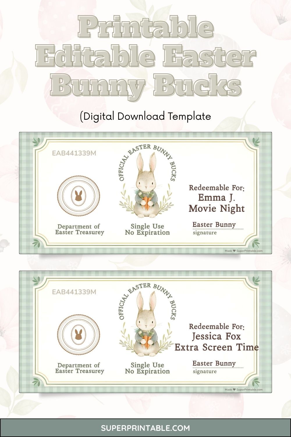 Printable Editable Easter Bunny Bucks - SuperPrintable