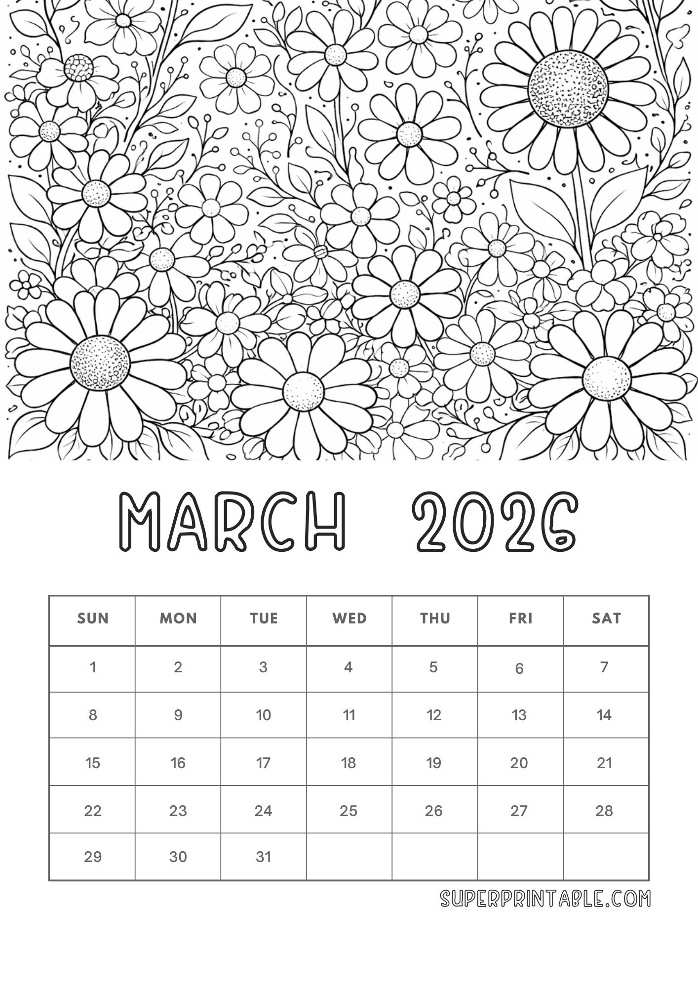 Simple March Coloring Calendar 2026 (Free PDF Printables)