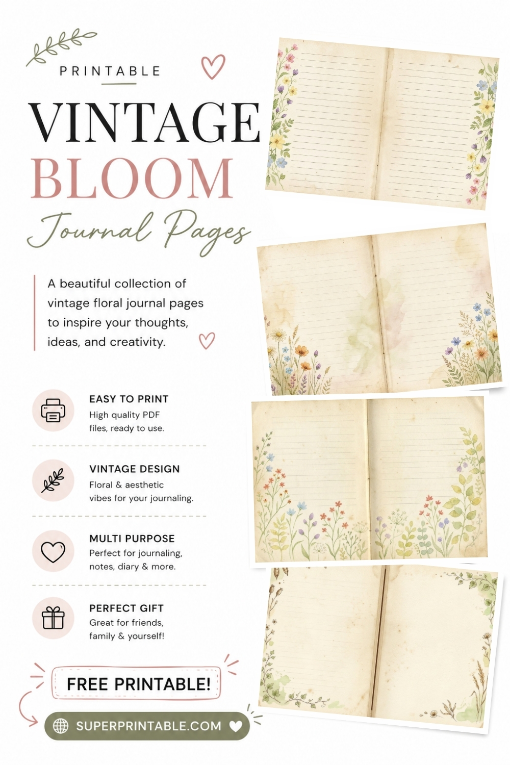 10+ Vintage Bloom Journal Pages (Free PDF Printable)