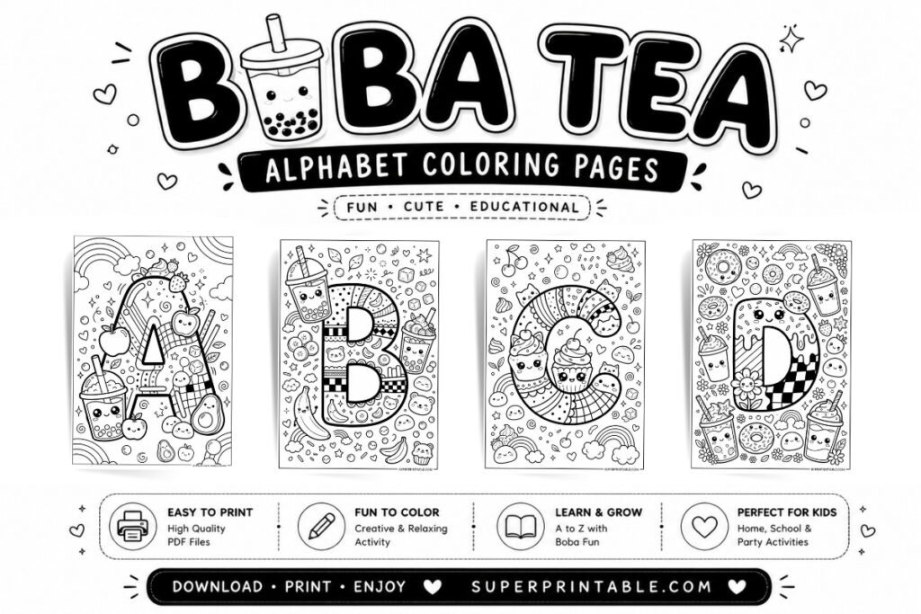 Boba Tea Alphabet Coloring Pages (Free PDF Printable)