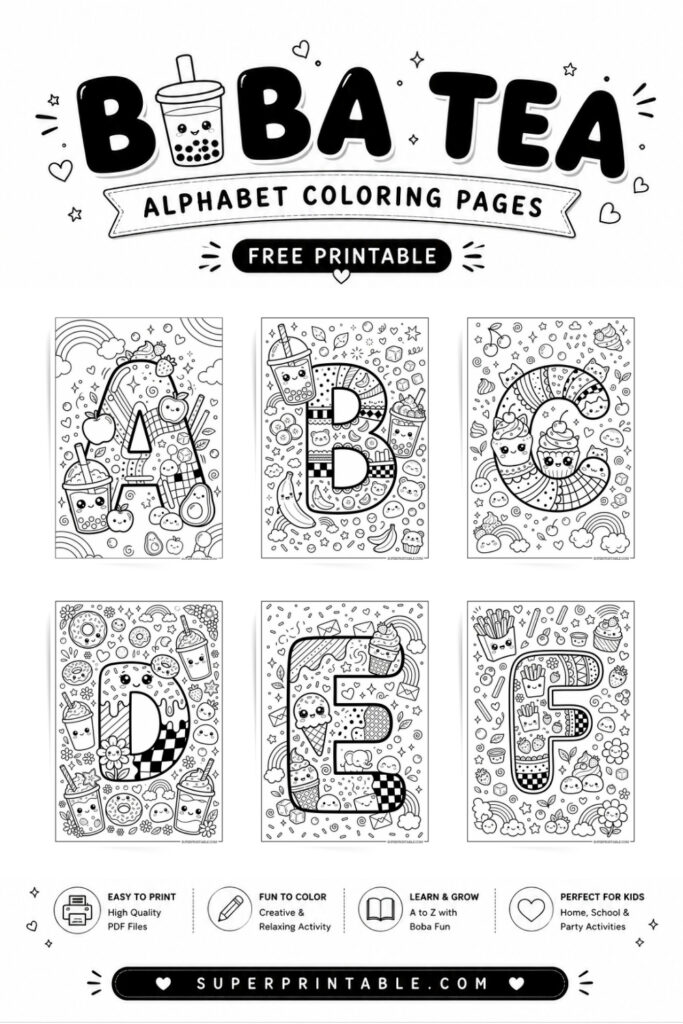 Boba Tea Alphabet Coloring Pages (Free PDF Printable)