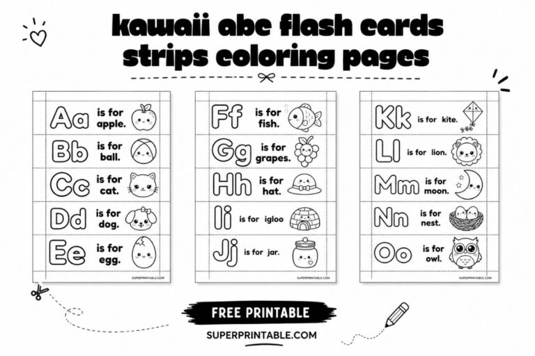 Kawaii ABC Flash Cards Strips Coloring Pages (Free PDF)