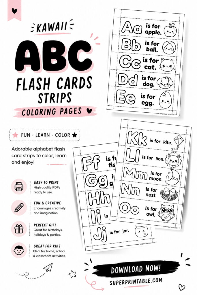 Kawaii ABC Flash Cards Strips Coloring Pages (Free PDF)