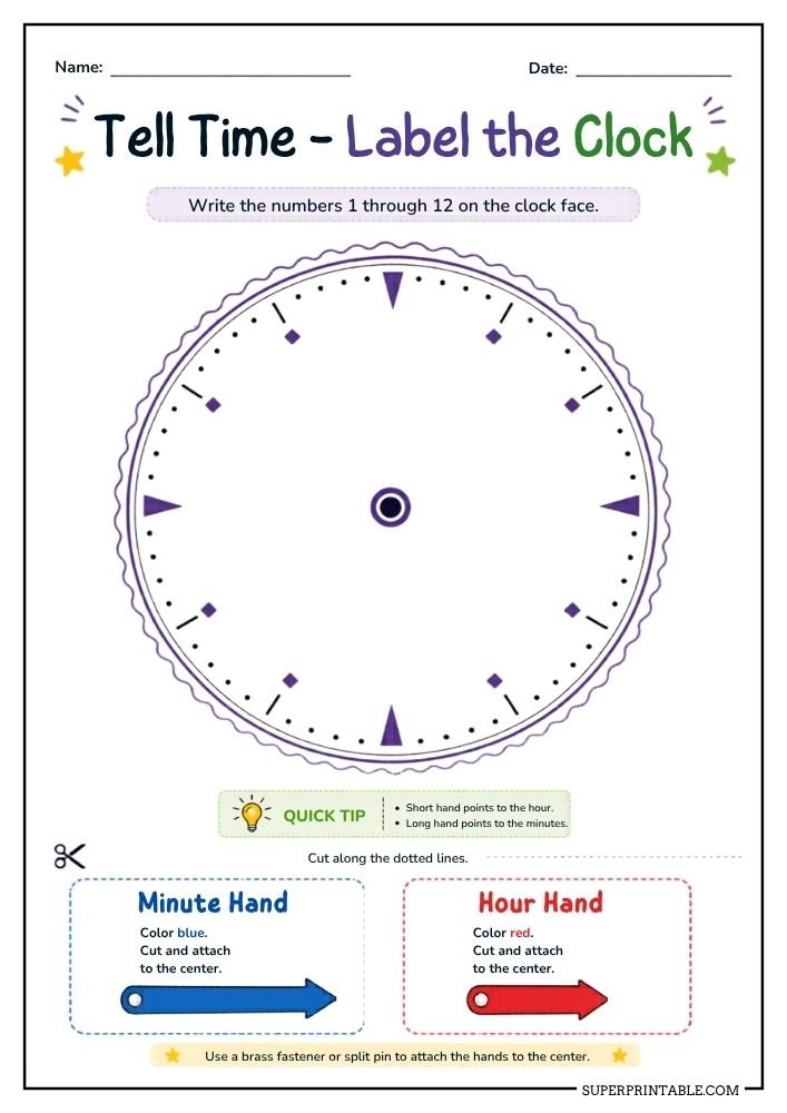 Label The Clock Activity Worksheet (Free PDF Printable)