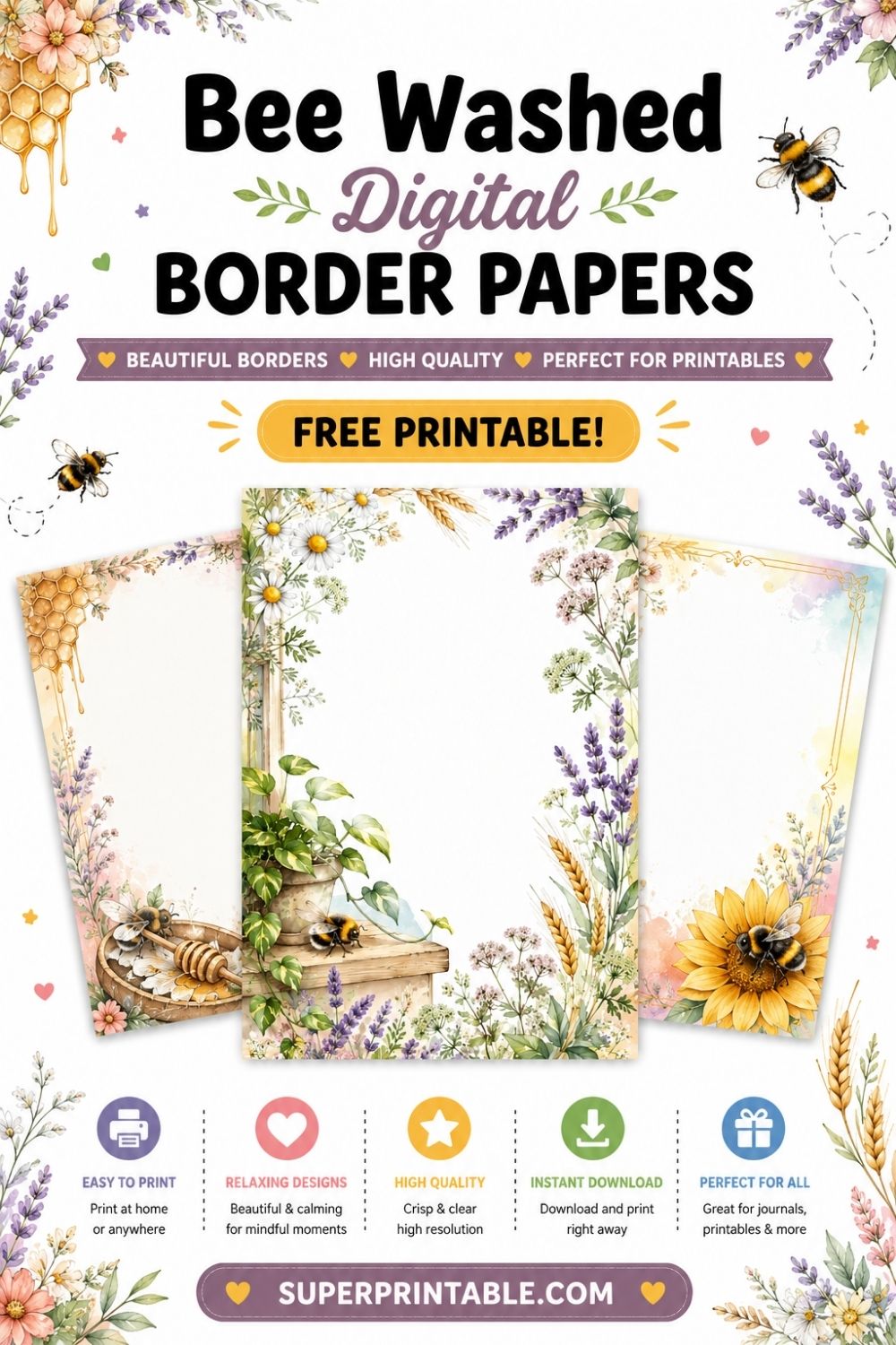 10+ Bee Washed Digital Border Papers (Free PDF Printables)