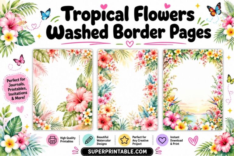 12+ Tropical Flowers Washed Border Pages (Free PDF Printable)