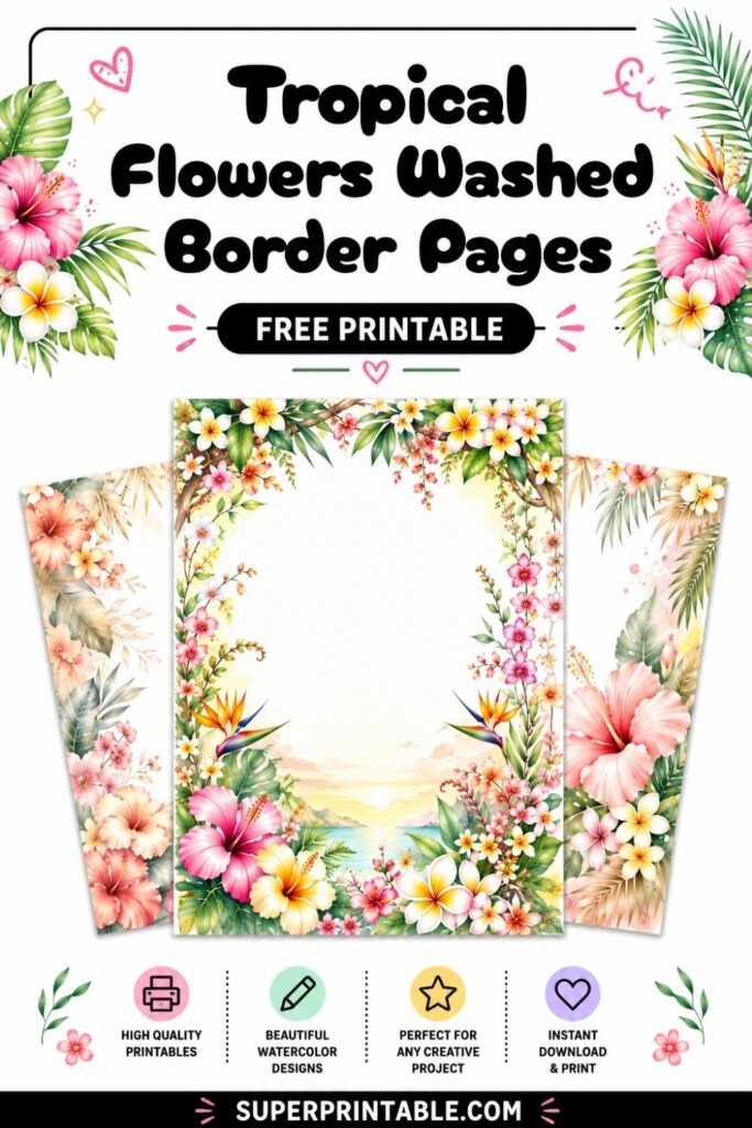 12+ Tropical Flowers Washed Border Pages (Free PDF Printable)