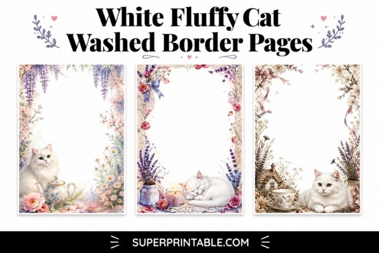 12+ White Fluffy Cat Washed Border Pages (Free PDF Printable)