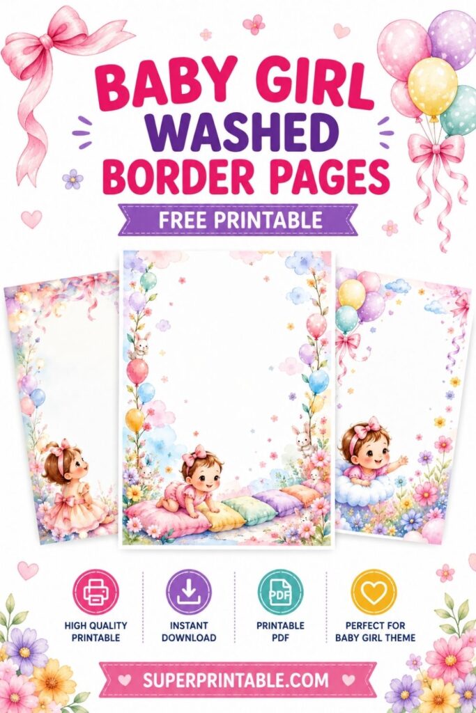 20 Baby Girl Washed Border Pages (Free PDF Printables)