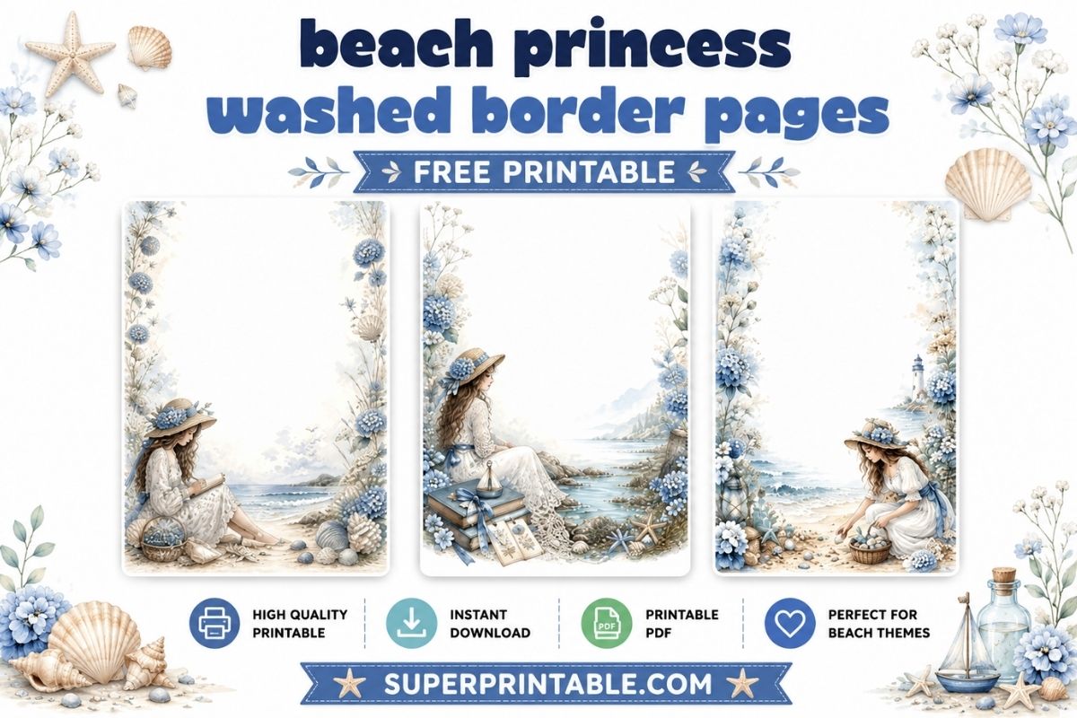 20 Beach Princess Washed Border Pages (Free PDF Printable)