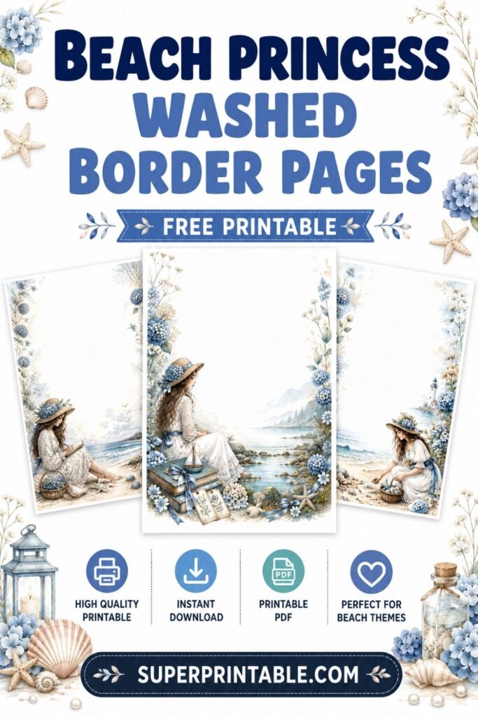 20 Beach Princess Washed Border Pages (Free PDF Printable)