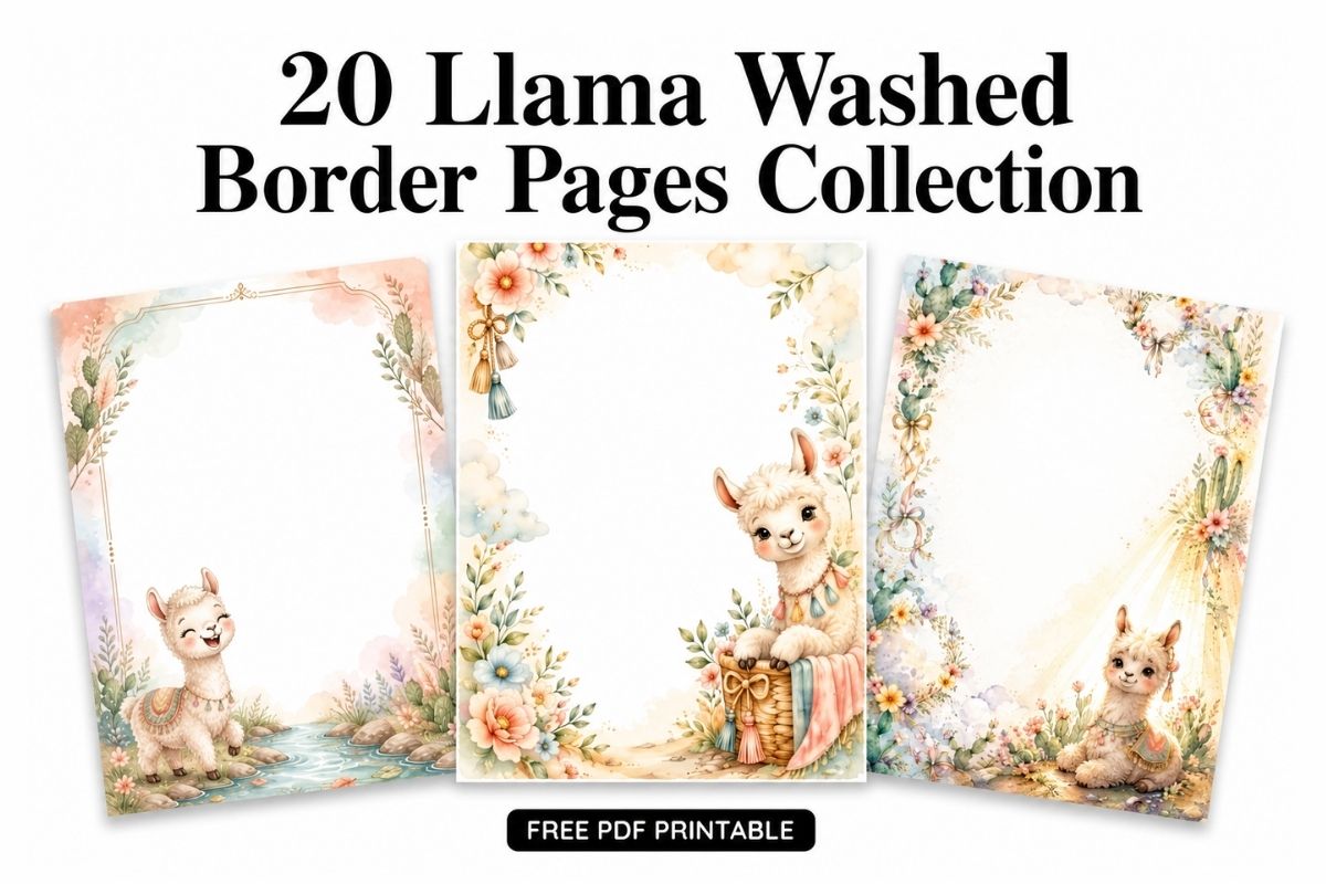 20 Llama Washed Border Pages (Free PDF Printable)