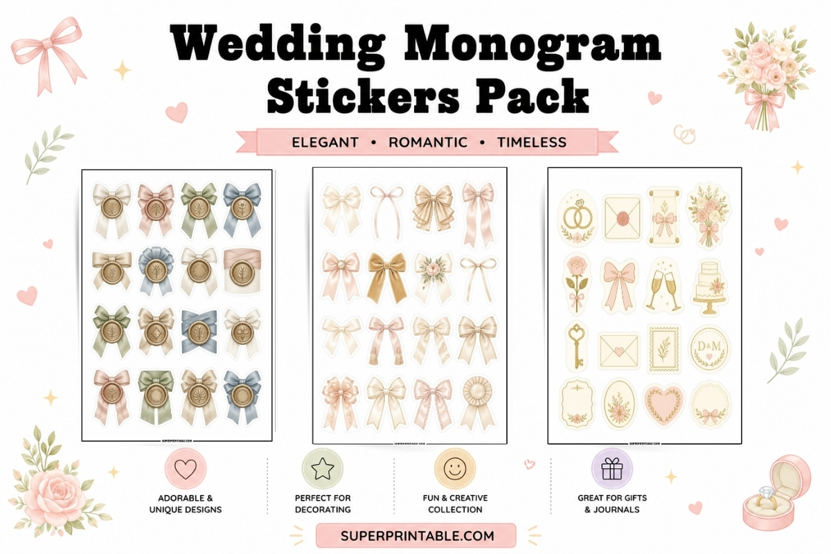 20 Wedding Monogram Stickers Pack (Free PDF Printables)