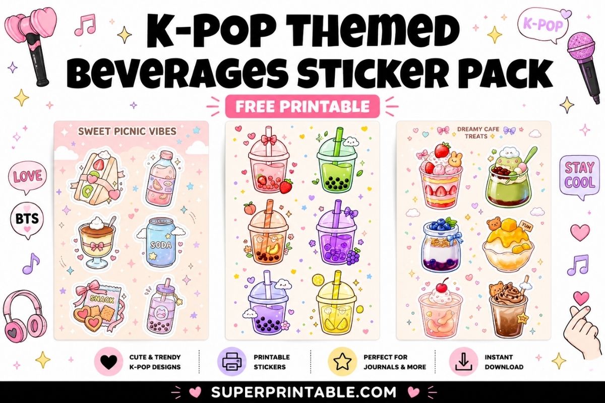 70+ K-POP Themed Beverages Sticker Pack (Free PDF Printable)