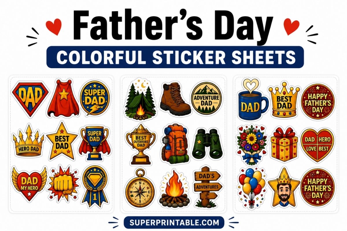 90 Father's Day Colorful Sticker Sheets (Free PDF Printables)