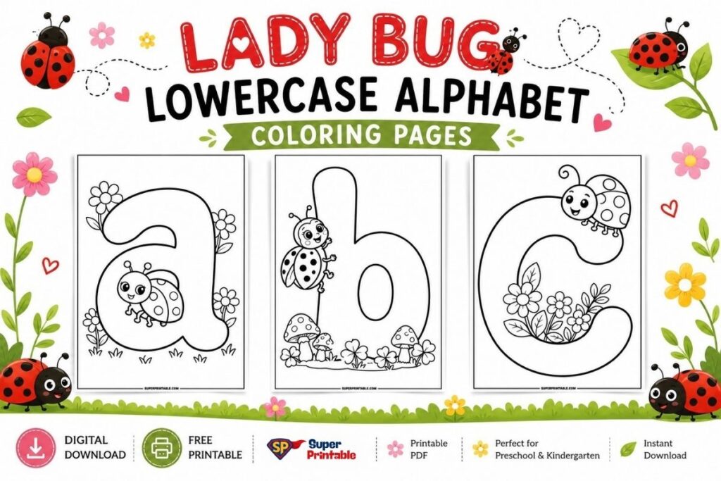 Lady Bug Lowercase Alphabet Coloring Pages (Free PDF)