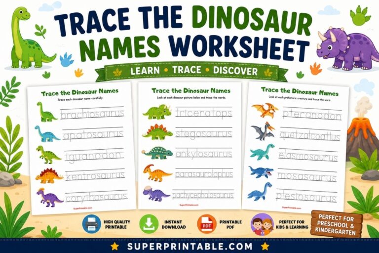 Trace the Dinosaur Names Worksheet (Free PDF Printables)