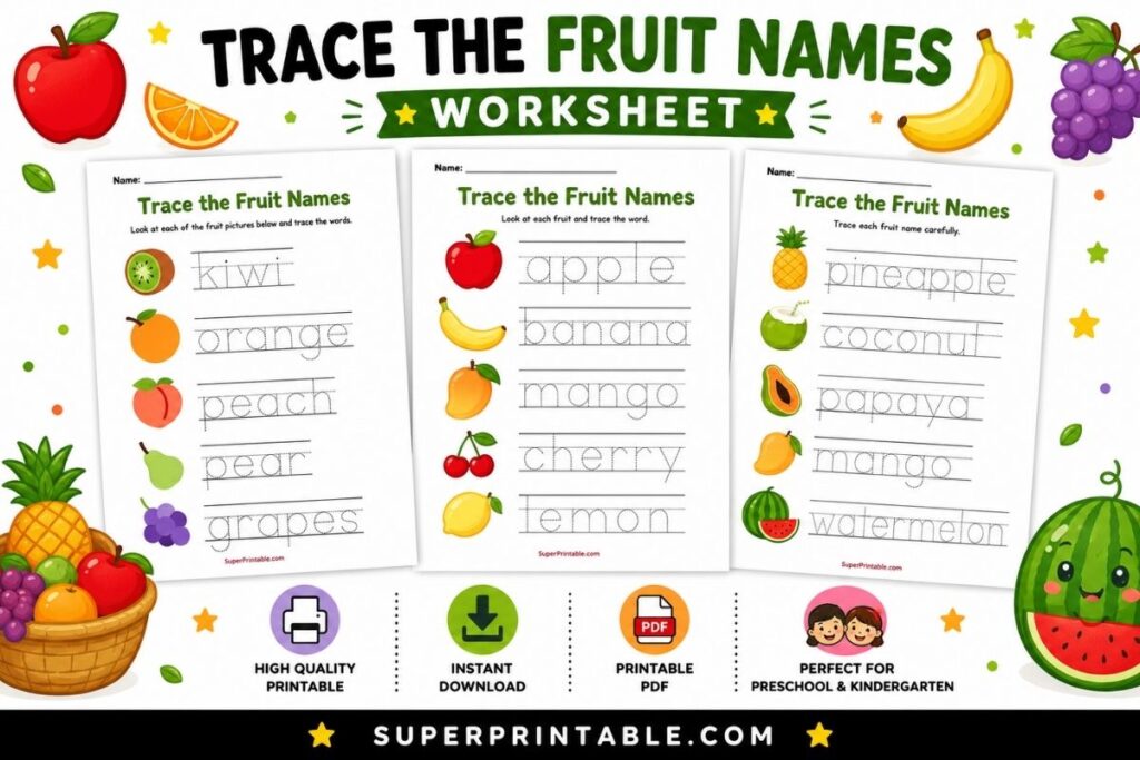 Trace the Fruit Names Worksheet (Free PDF Printable)