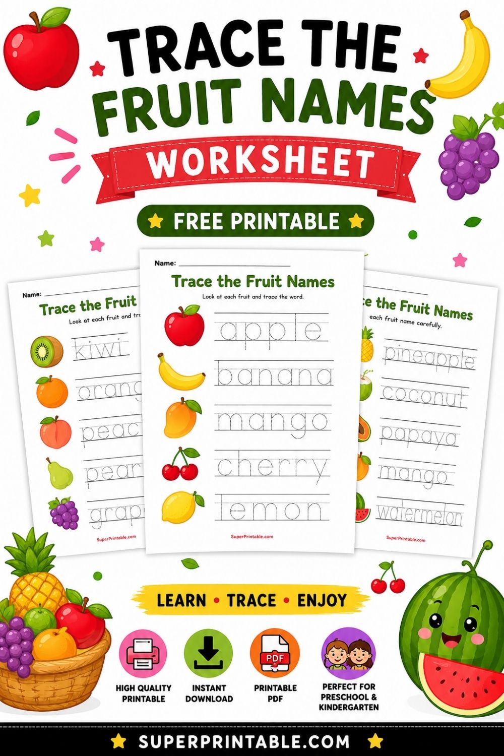 Trace the Fruit Names Worksheet (Free PDF Printable)