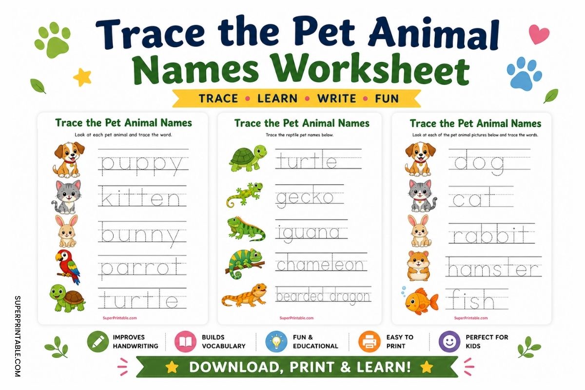 Trace the Pet Animal Names Worksheet (Free PDF Printables)