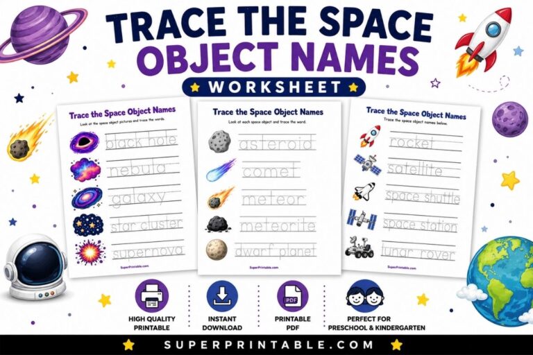 Trace the Space Object Names Worksheet (Free PDF Printable)