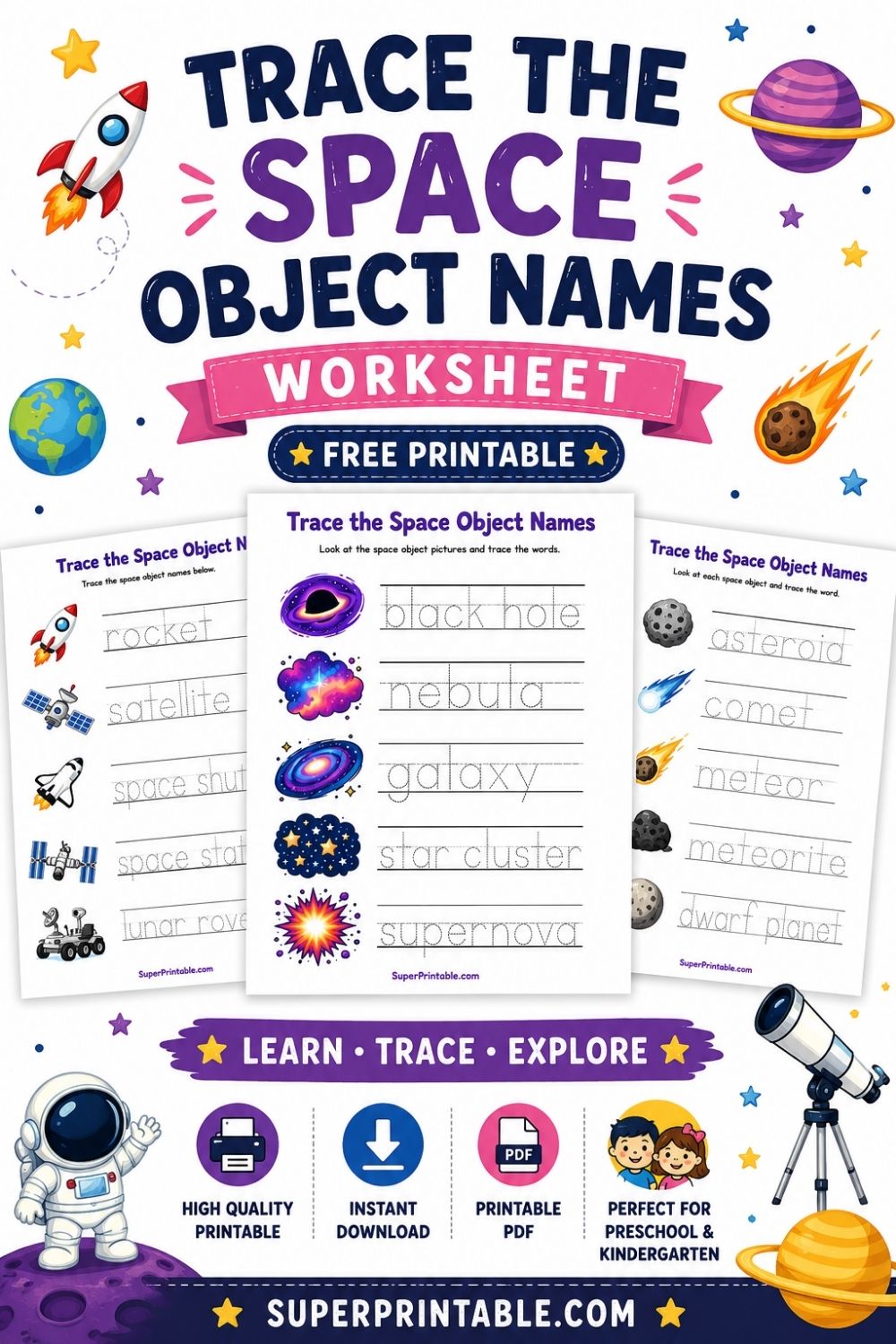 Trace the Space Object Names Worksheet (Free PDF Printable)