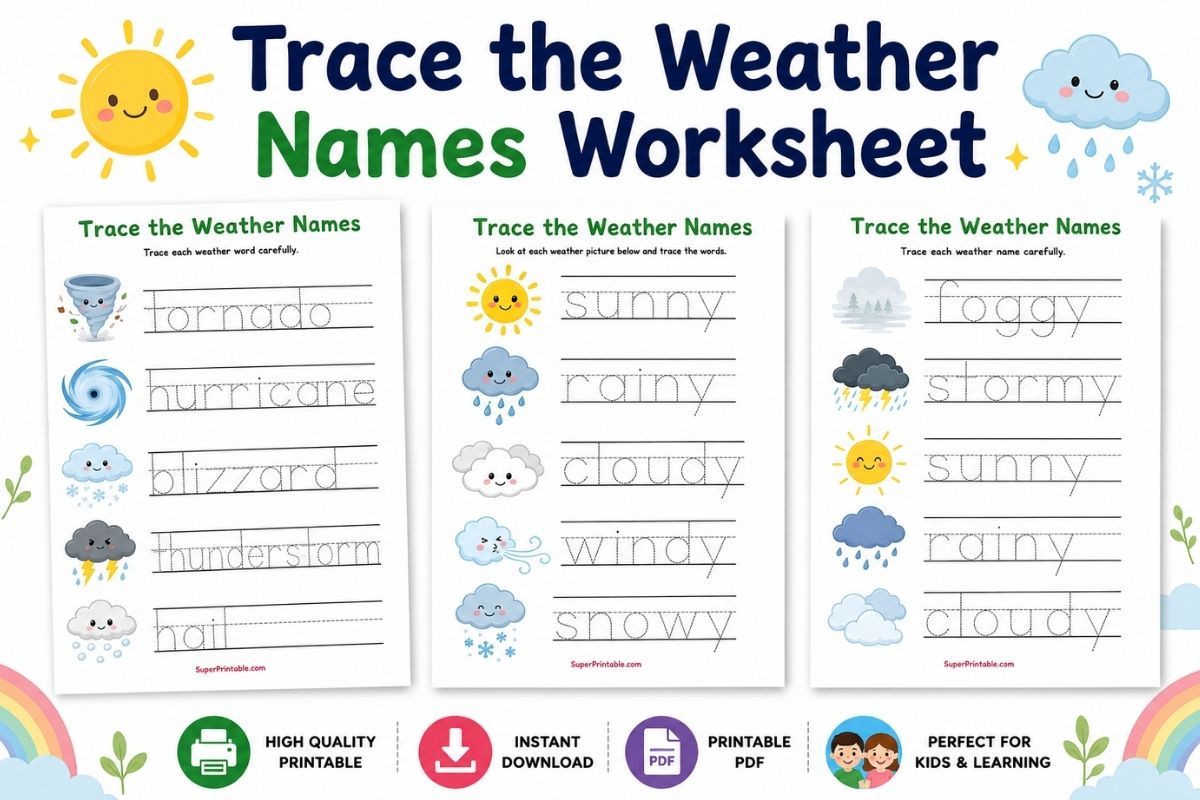 Trace the Weather Names Worksheet (Free PDF Printables)