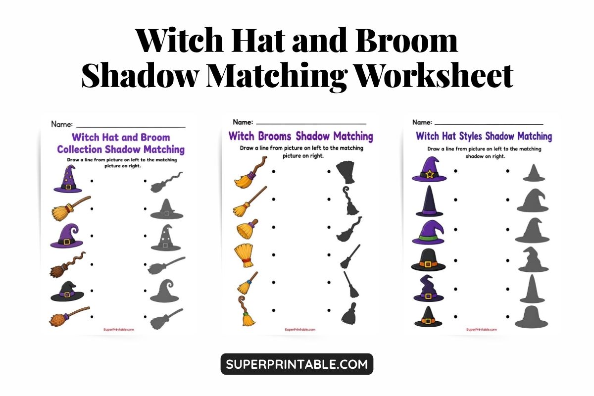 Witch Hat and Broom Shadow Matching Worksheet (Free PDF)