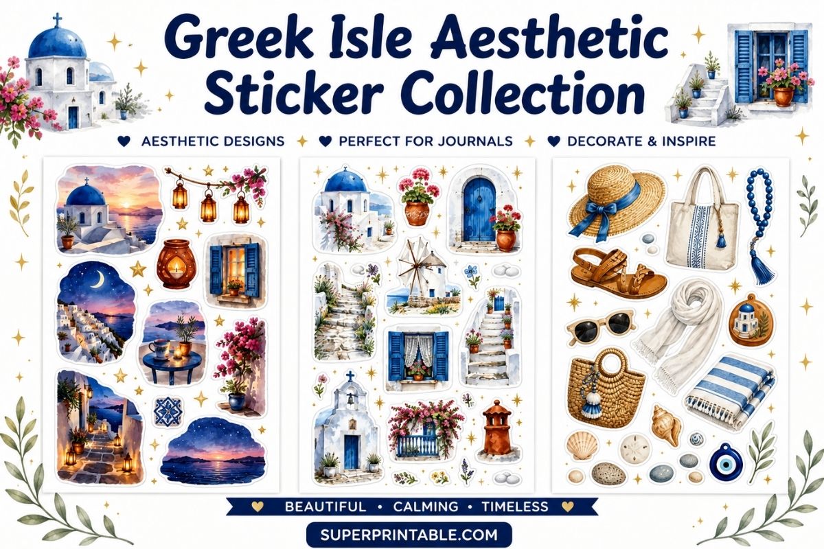 10+ Greek Isle Aesthetic Sticker Collection (Free PDF Printables)
